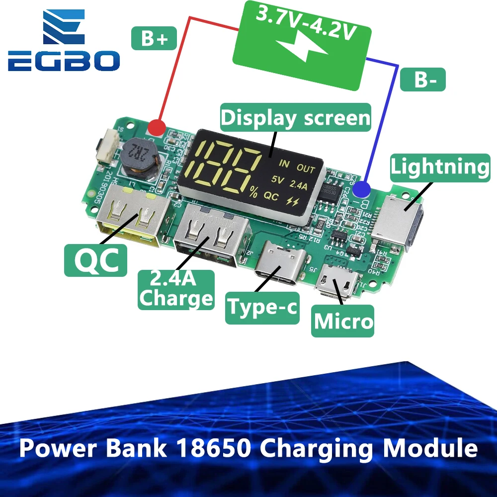 Led Dual Usb 5v 2.4a Micro/type-c Usb Mobile Power Bank 18650 Charging ...