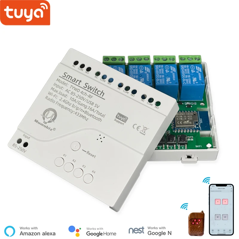 Tuya 4 Channel Smart WiFi 85-250V Switch, APP RF433 Remote Control ...
