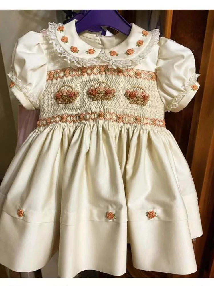 0-12Y Baby Girl Summer Khaki Smocked Turkish Vintage Princess Dress for ...