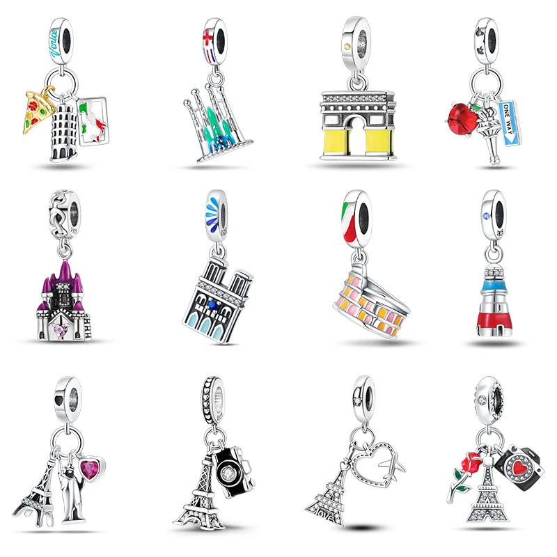 Real-925-Sterling-Silver-Famous-Scenic-Spot-Eiffel-Tower-Castle-Charms ...