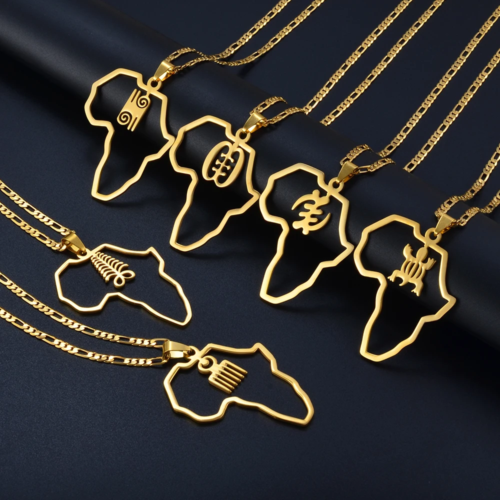 Anniyo African Map & Cultural Symbol Pendant Necklaces Women Men Gold ...