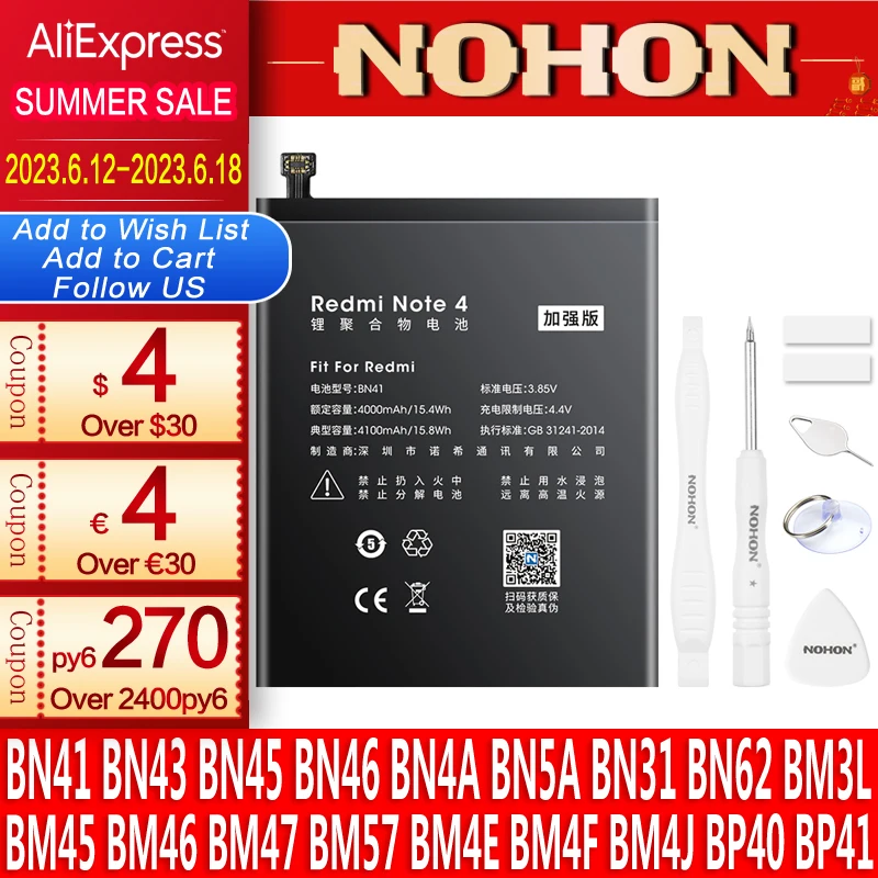 NOHON Bateria de Substituição para Xiaomi Redmi, Note 8 Pro, 7, 9, 10 ...