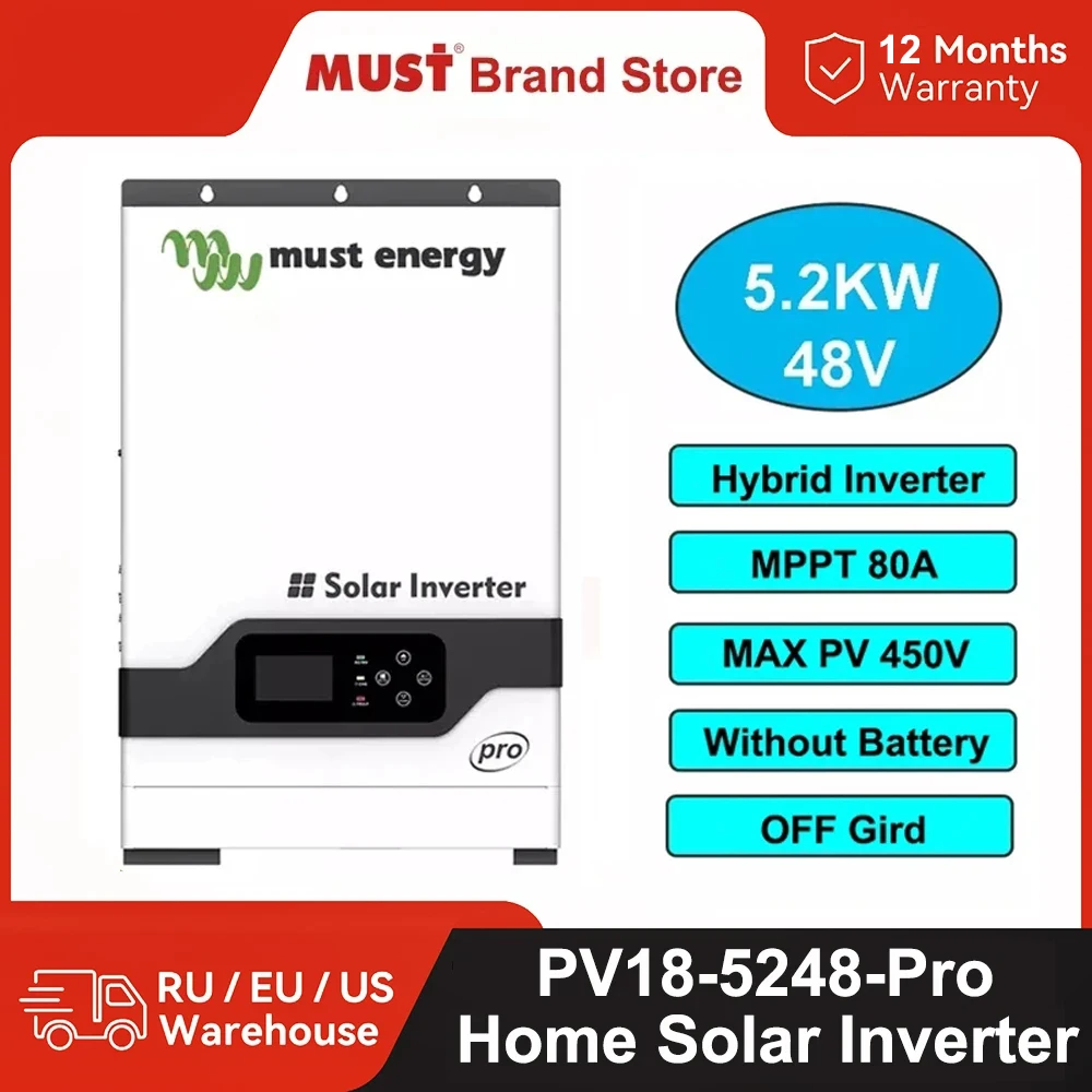 MUST Energy PV1800 Pro 5.2KW 48V Hybrid Home Solar Inverter MPPT 80A PV ...
