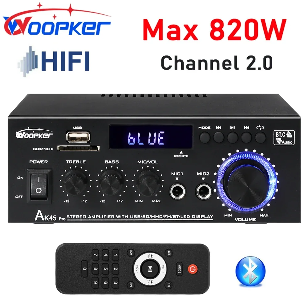 Woopker AK45 Pro Amplificador de potência Max 820W RMS 50Wx2 ...