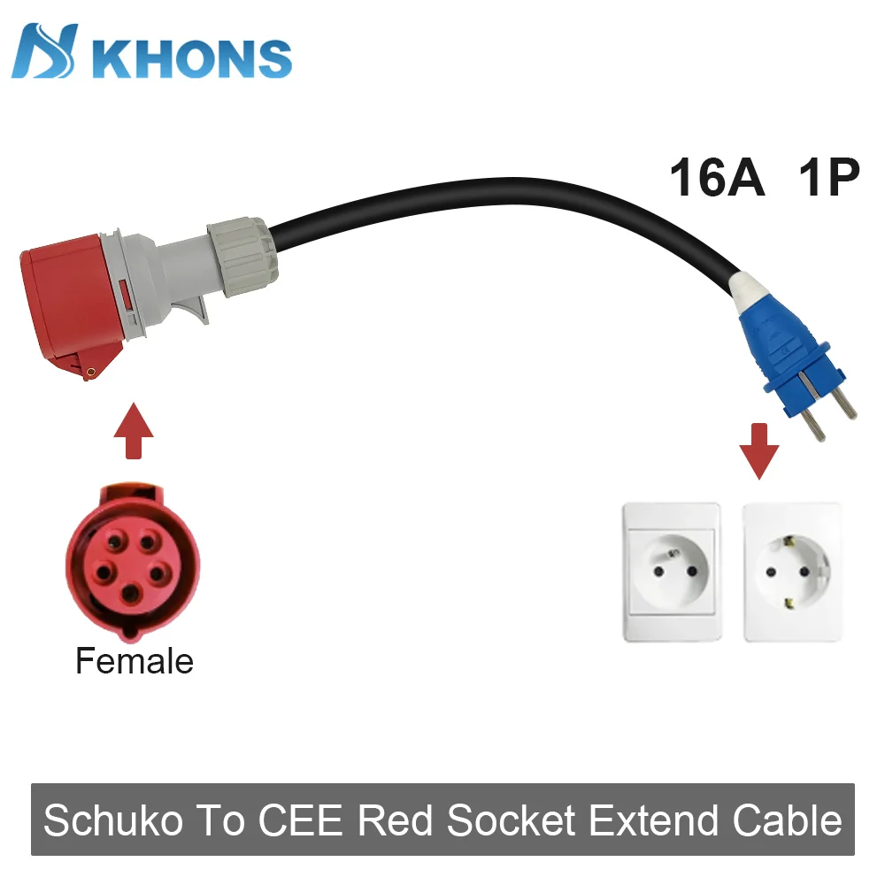 Khons-EV-Charger-Schuko-Plug-To-CEE-Red-Female-Plug-32A-3-phase-Adapter ...