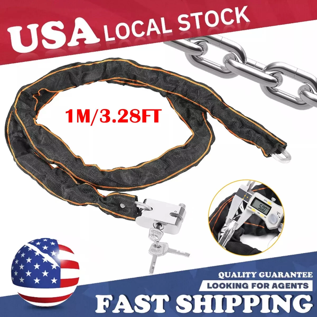 3.28FT Heavy Duty Motorcycle Bike Bicycle Chain Lock Anti-theft Padlock ...