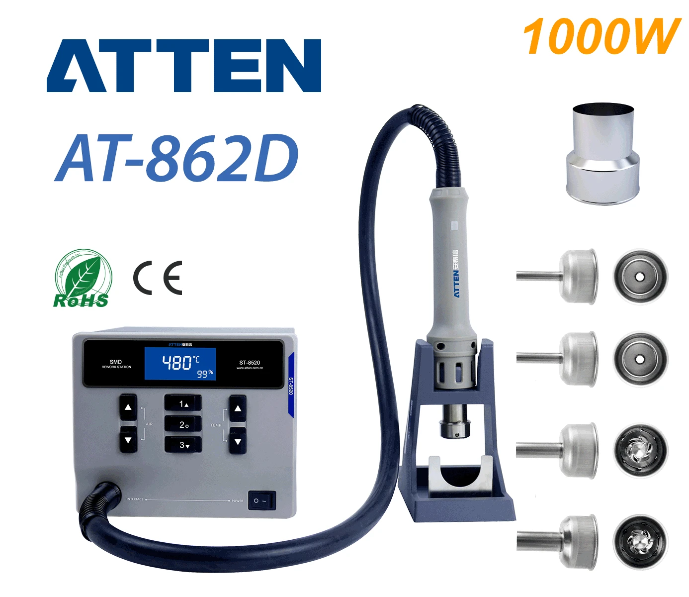 Atten 110v / 220v 1000w 뜨거운 공기 총 디지털 디스플레이 Bga 재작업 스테이션 자동 수면 수리 납땜 제거 ...