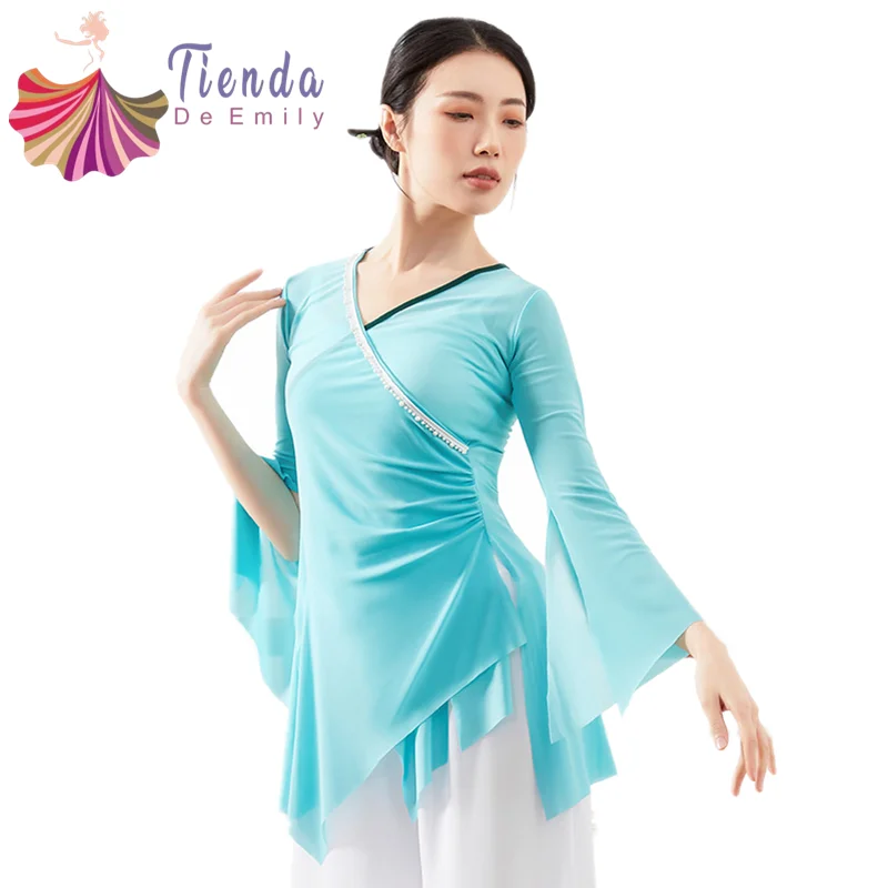 New Gauze Classical Dance Clothes Women Mesh Folk Dance Shirt V Neck ...