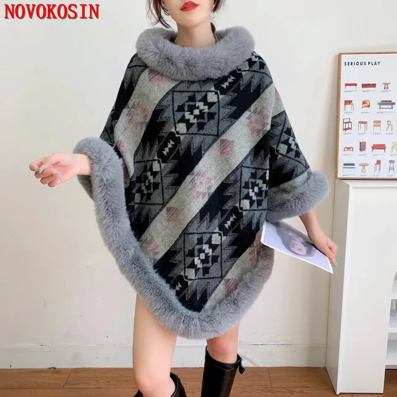 Poncho-con-estampado-de-piel-de-conejo-sint-tica-para-mujer-abrigo-c ...