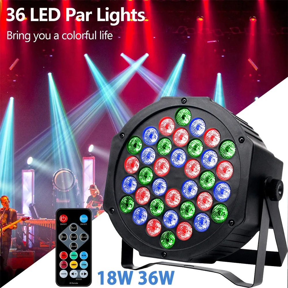 36LED Par Lights 9 Modes 18/36W RGB DJ Stage Lamp Sound Activated Remote DMX Control Disco Light ...