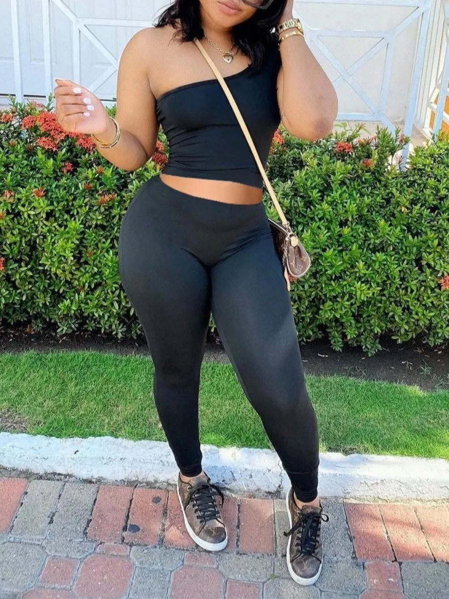 Lw One Shoulder Crop Top Pants Set Casual Solid Slim Stretch Two Piece
