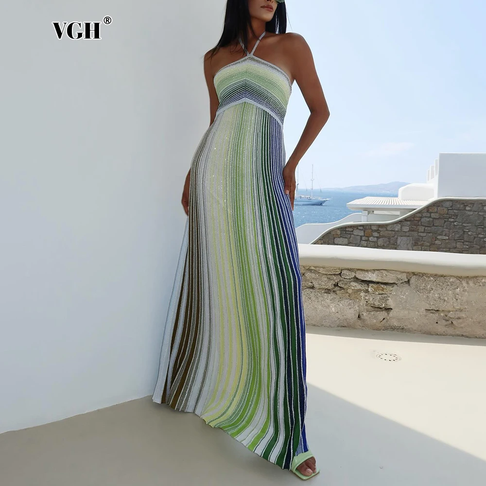 VGH Colorblock Striped Holiday Long Dresses for Women Halter Sleeveless ...