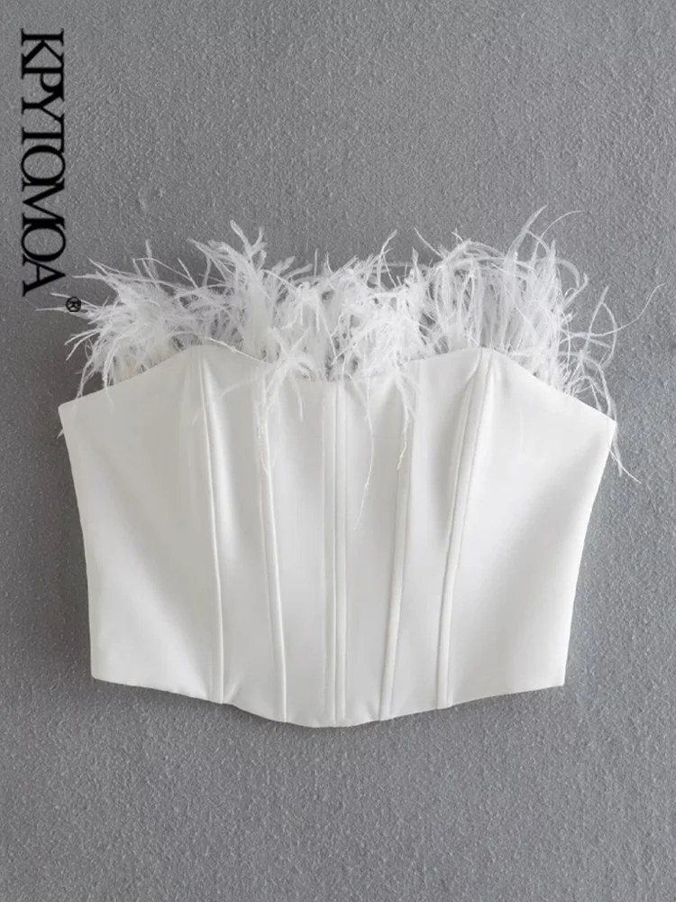KPYTOMOA-Women-Sexy-Fashion-With-Feathers-Fitted-Crop-Bustier-Vintage ...