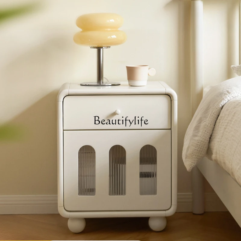 Solid-Wood-Bedside-Table-Light-Luxury-Bedroom-Storage-Simple-Cream ...