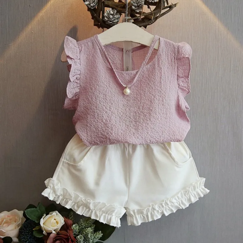 Summer-Girls-Two-piece-Set-Pearl-Flying-Sleeve-Chiffon-Vest-Tops-Shorts ...