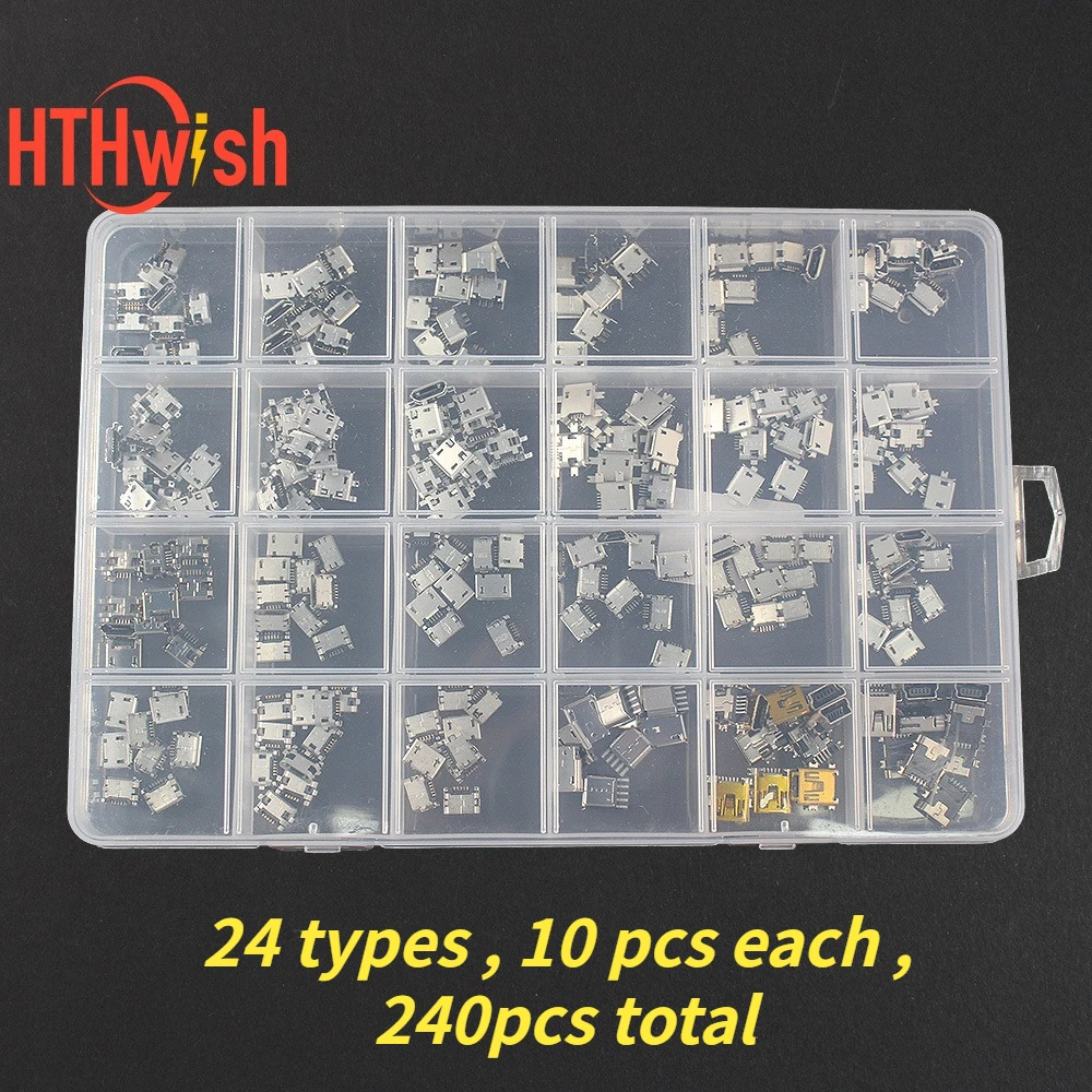240Pcs-Micro-USB-Connector-Kit-24-Models-Female-Mini-Usb-Soldering ...