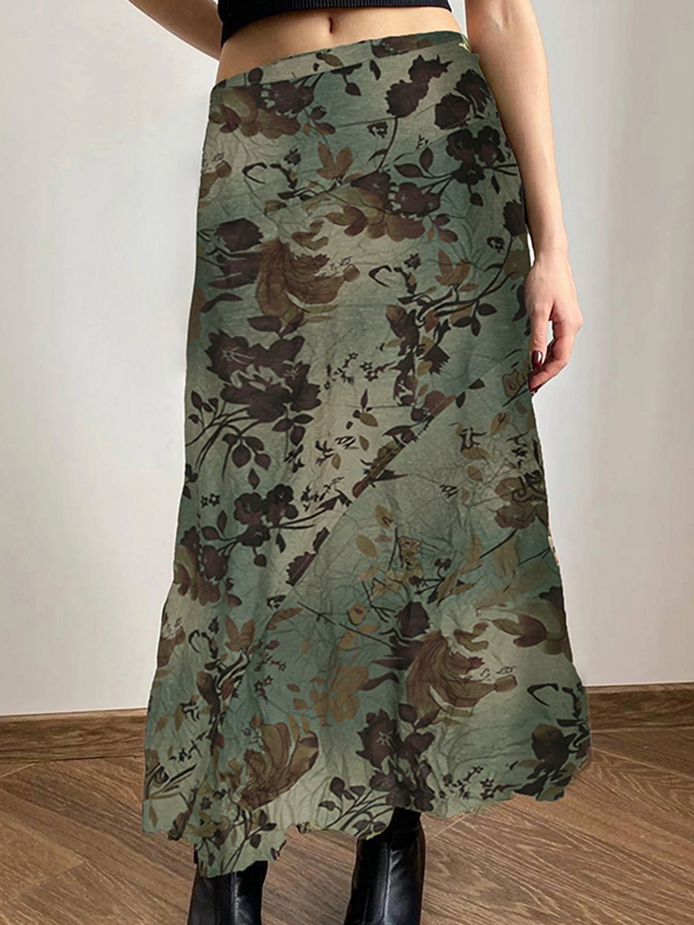 Forest-Green-Y2K-Aesthetic-Plant-And-Flower-Print-Long-Skirts-Womens ...