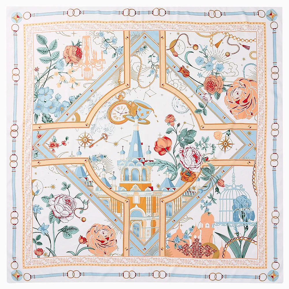 130CM Silk Scarf Women Flowers Print Stoles Square Scarves Wraps Large ...