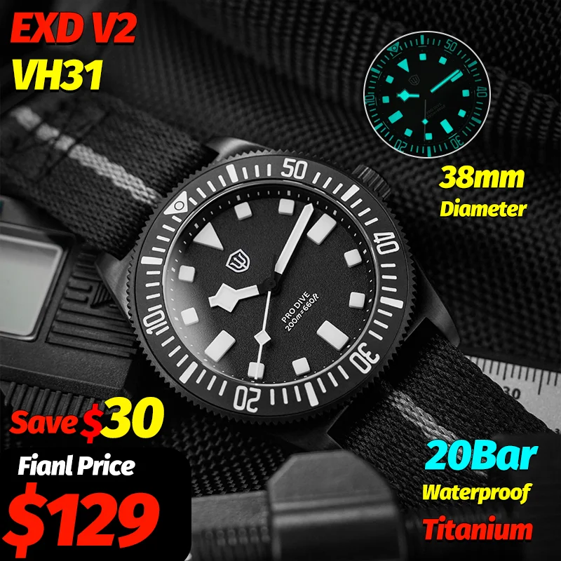 Watchdives EXD Titanium Dive Watch VH31 Sweep Second Quartz Watches ...