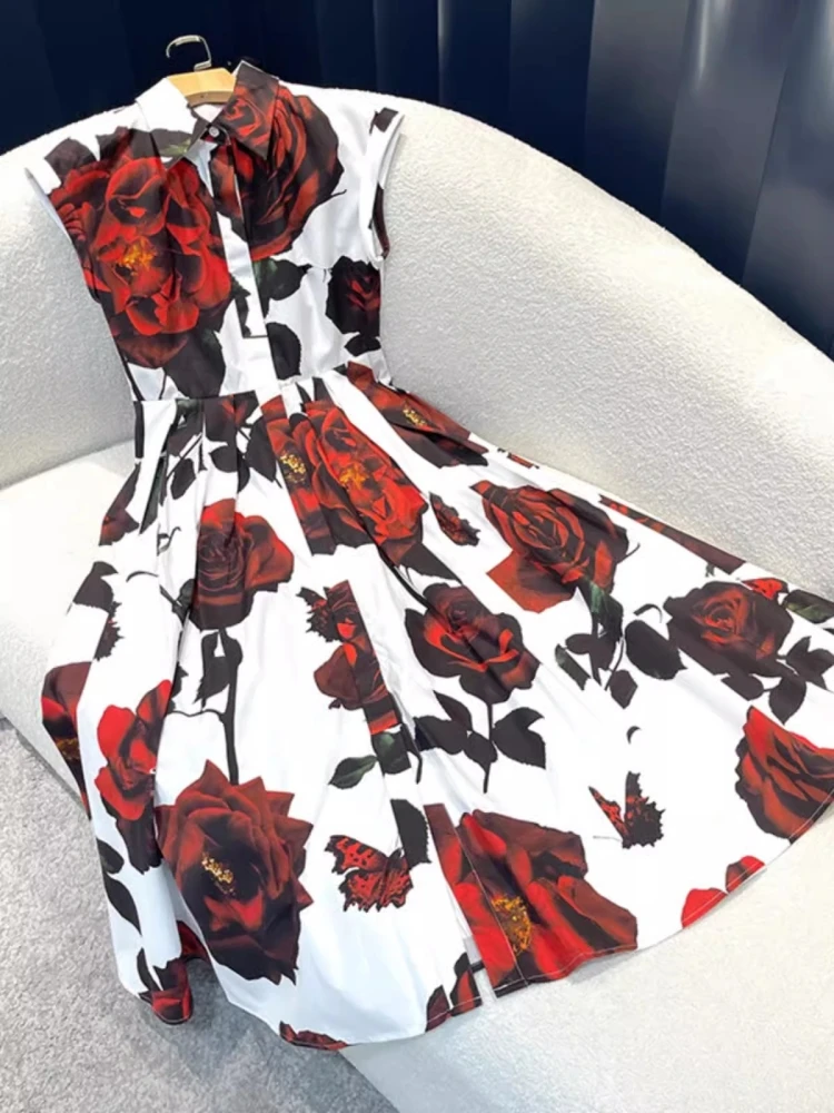 Summer-Runway-Red-Rose-Flower-Dress-Women-Shirt-Collar-Short-Sleeve ...