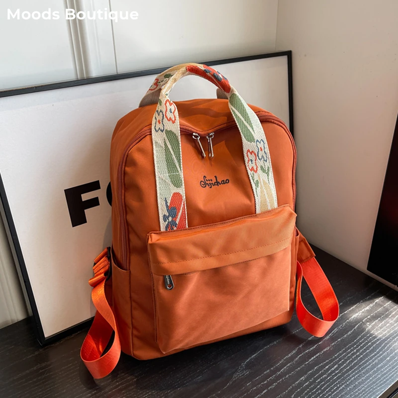 Nylon-Fabric-Fashion-Backpack-For-Women-Floral-Hand-Strap-Pure-Color ...