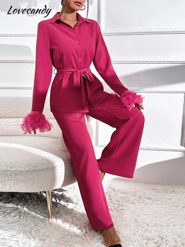 Rose Red Feather Cuffs Lace Up Shirt Suits High Waist Wide Leg Pants ...
