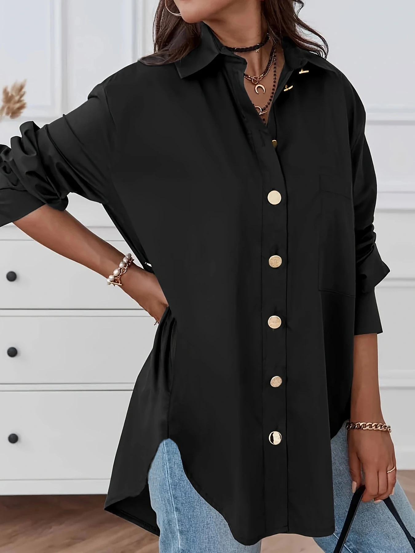 Women-Spring-Summer-Button-Down-Shirt-Solid-Color-Elegant-Loose-Casual ...