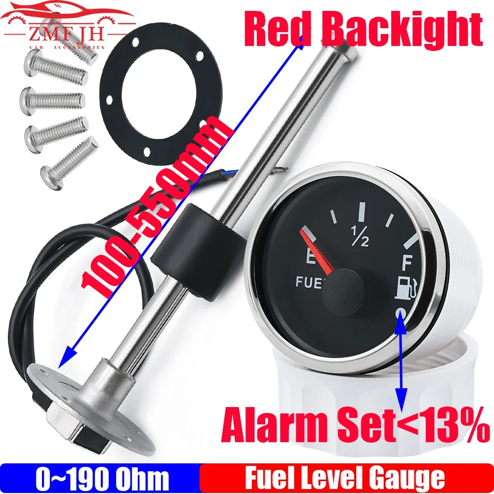 0-190 Ohm Red Light 52mm Fuel Level Gauge with Alarm+Fuel Level Sensor ...