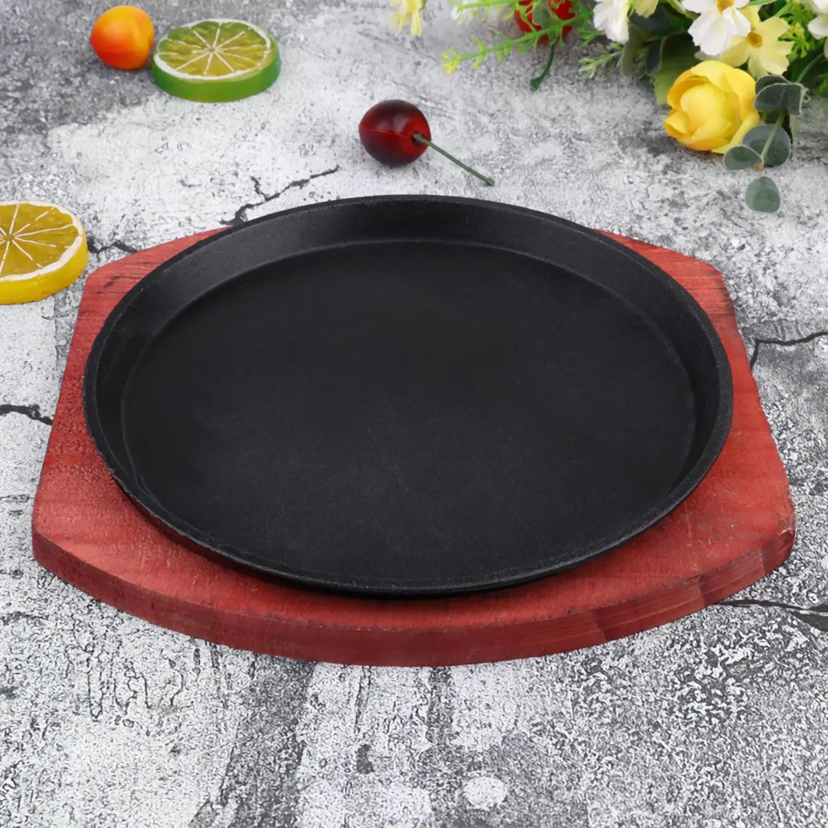 1Pc-19cm-Cast-Iron-Steak-Plate-Fajita-Pan-with-Wooden-Tray-Steak ...