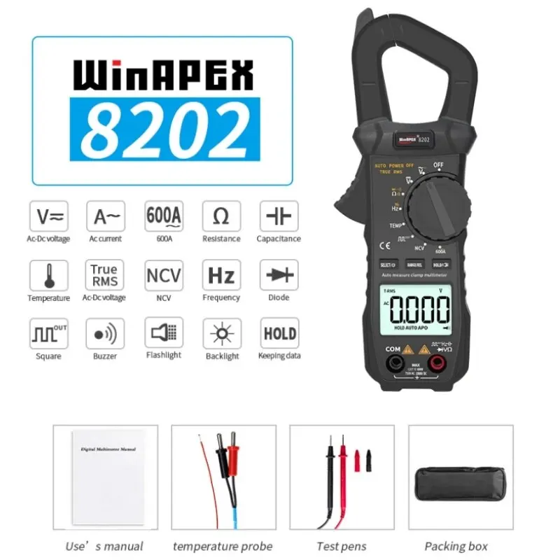 WINAPEX-ET8202-600A-Pokect-Size-Clamp-Meter-True-RMS-Digital-Multimeter ...