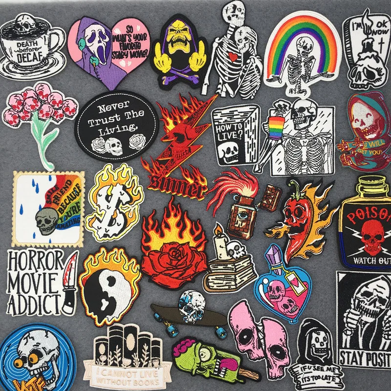 Punk-Patch-Flame-Embroidery-Patches-for-Clothes-Scary-Skull-Iron-On ...