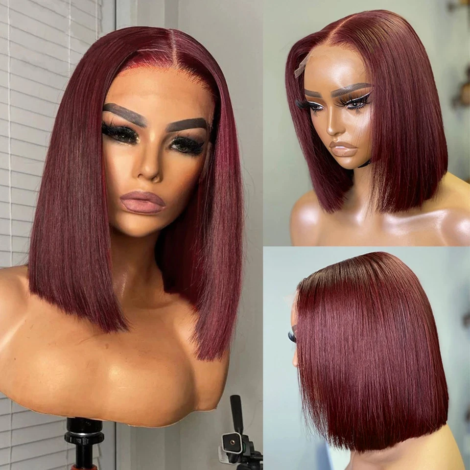 13x4 Burgundy Short Bob Human Hair Wigs For Women 99j Red Blunt Cut ...