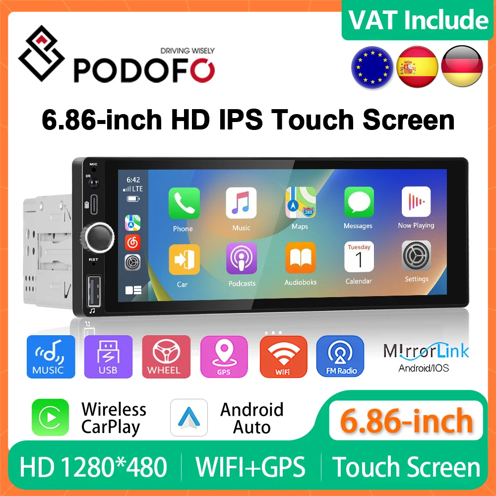 Podofo-1din-CarPlay-Android-Radio-6-86-Universally-Car-Radio-GPS-Stereo ...