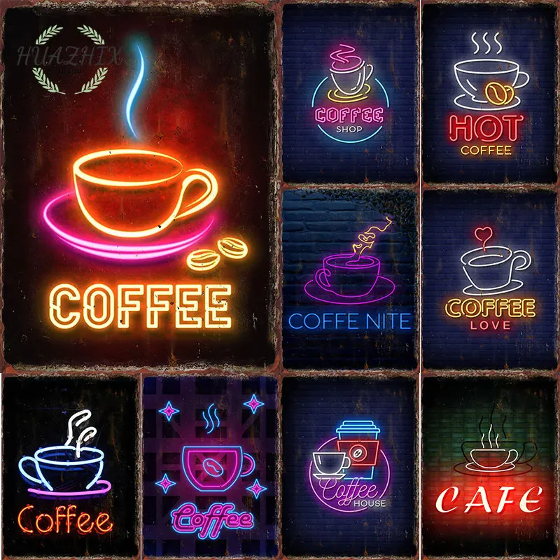 Neon-Coffee-Metal-Tin-Sign-Retro-Cartaz-Cofe-Time-Print-Placa-Vintage ...