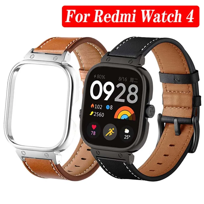 For-Xiaomi-Redmi-Watch-4-Smart-Watch-Leather-Strap-Metal-Protective ...