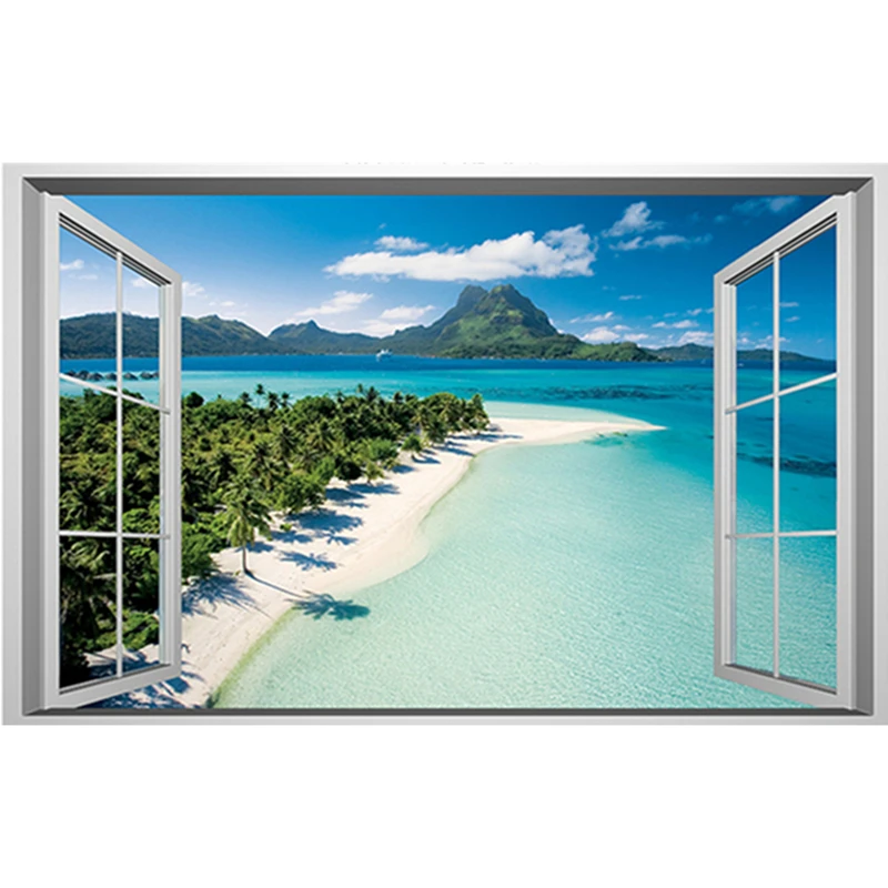Ocean-View-Mural-3D-Wall-Art-Beach-Palm-Trees-Room-Window-Scenery-Vinyl ...