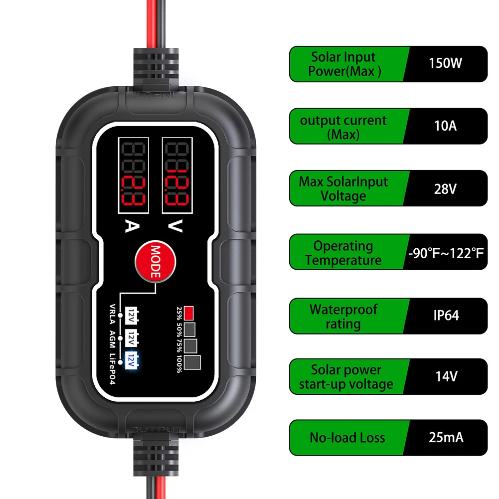 10A 12V MPPT Solar Charge Controller LCD Digital Regulator Waterproof ...