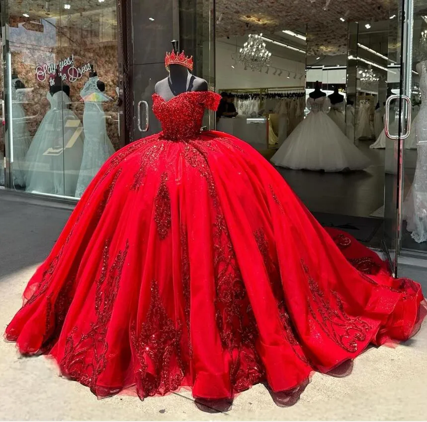 Red-Sparkly-Princess-Quinceanera-Dresses-Off-Shoulder-Gillter-Applique ...