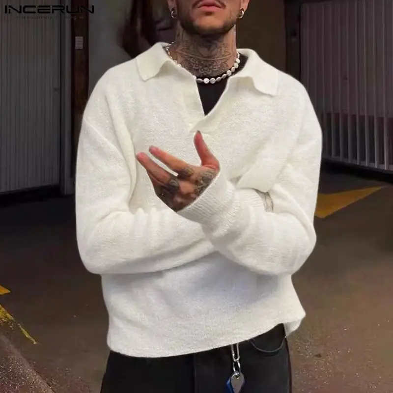 INCERUN-Men-Sweaters-Solid-Color-Lapel-Long-Sleeve-Knitted-Casual-Men ...