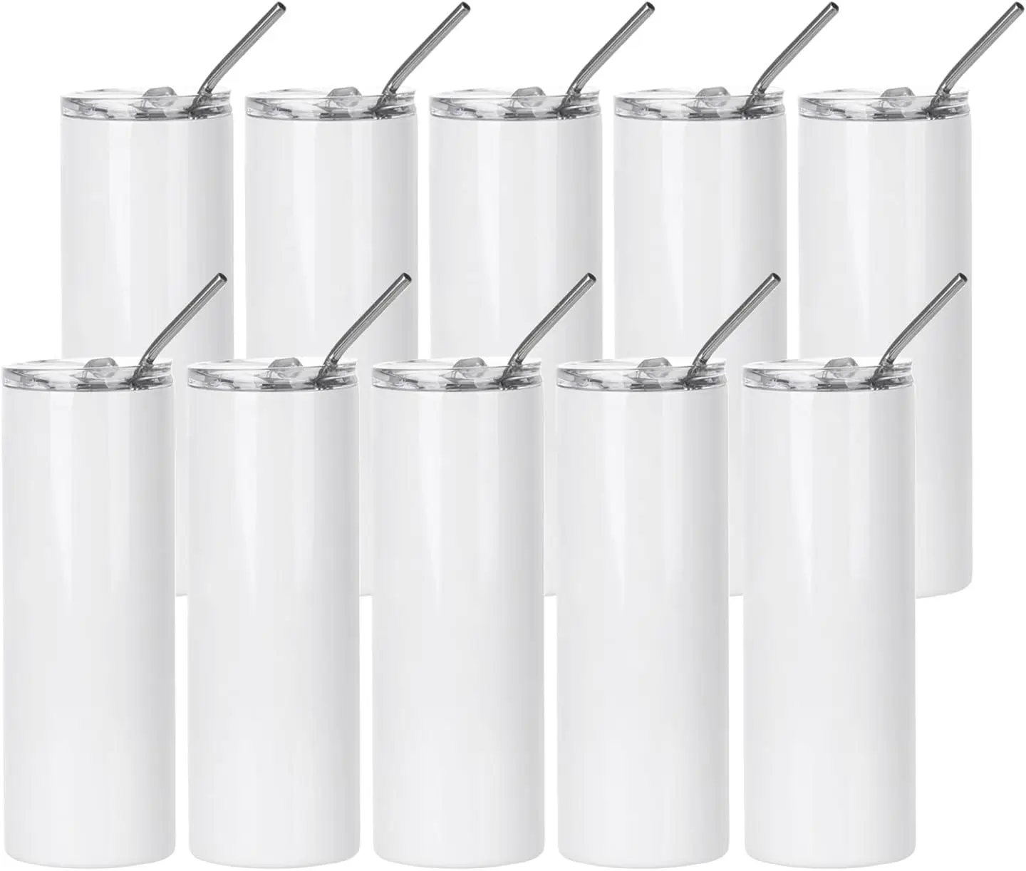 10 Pack 20 OZ Skinny Stainless Steel Sublimation Tumblers with Straw ...