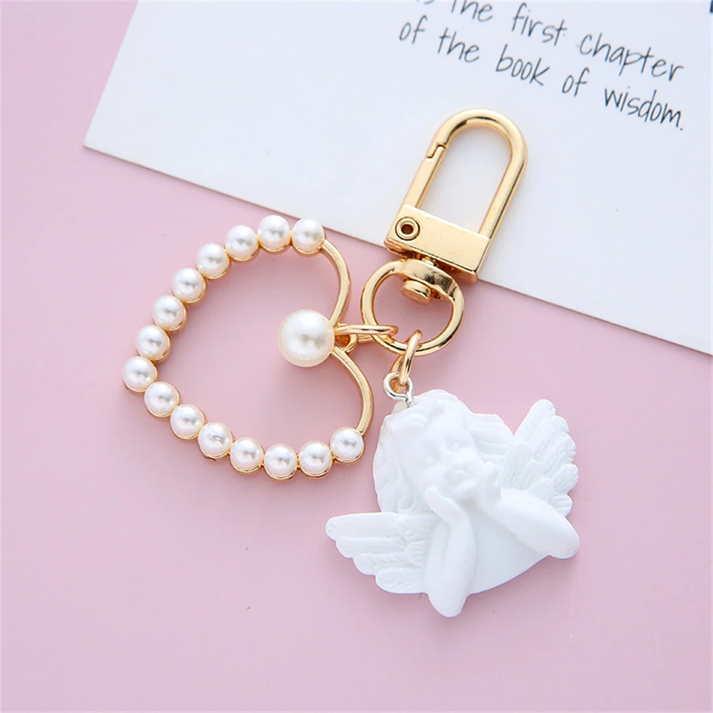 Pearl-Heart-White-Resin-Angel-Girl-Letter-Keychain-For-Women-Vintage ...