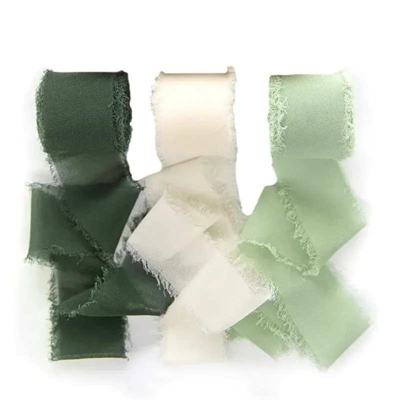 3-Rolls-Handmade-Fringe-Chiffon-Silk-Ribbon-Gauze-White-Green-Ribbons ...