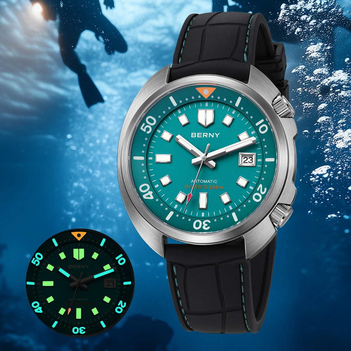 BERNY Watch 20ATM Diver For Men Mechanical Green Dial - Benyar