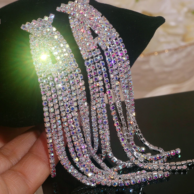 Luxury Shiny Rhinestone Tassel Dangle Earrings for Women Bijoux Fashion ...