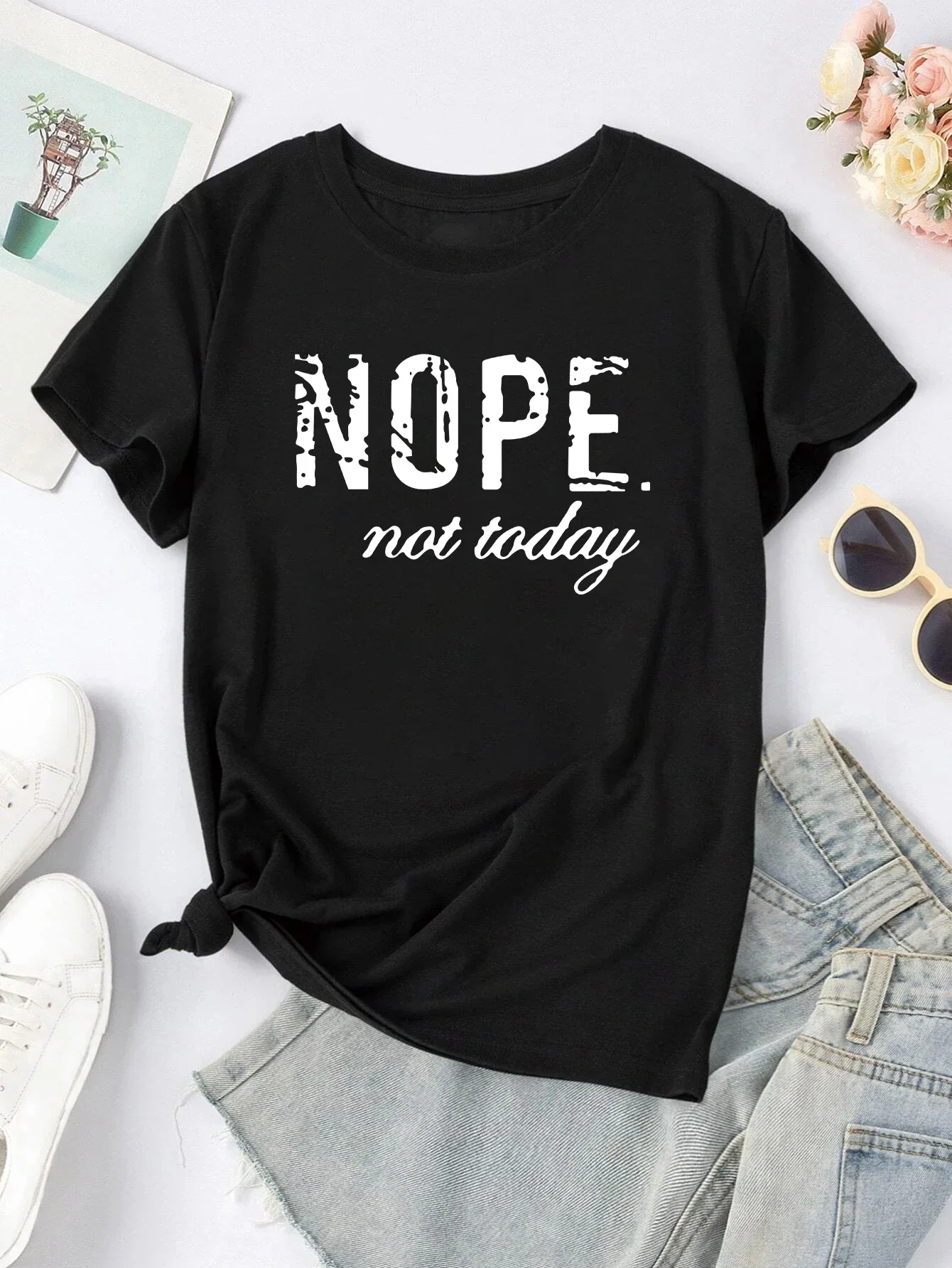 Nope-Not-Today-Plus-Size-Letter-Print-Graphic-T-Shirt-Cute-Short-Sleeve ...