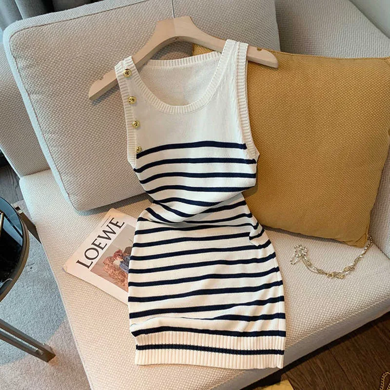 Summer-Casual-Striped-Chest-Wrap-Sexy-Dress-Women-Knitting-Wrap-Slim ...