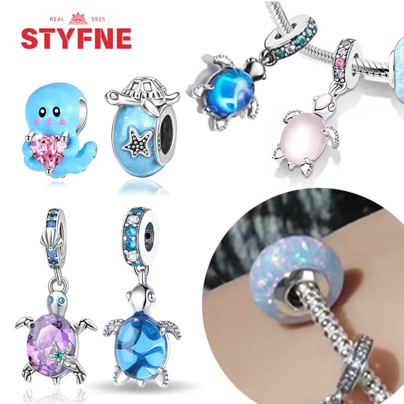 Sterling-Silver-925-Pink-Blue-Zircon-Sea-Turtle-Octopus-Charm-Beads-For ...