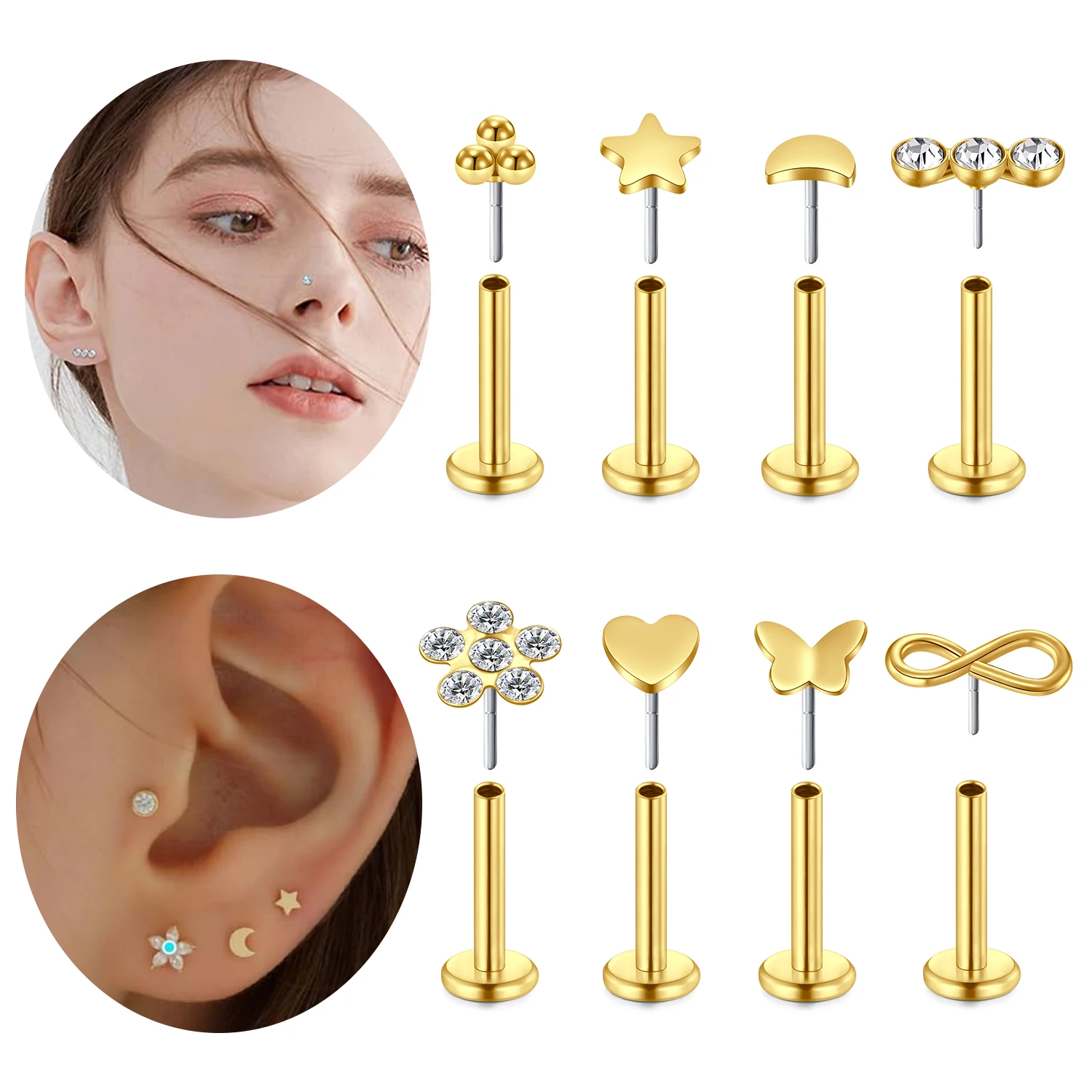 8PCS-SET-16G-18G-Flat-Back-Insert-Rod-Earstuds-Lip-Nails-Stainless ...