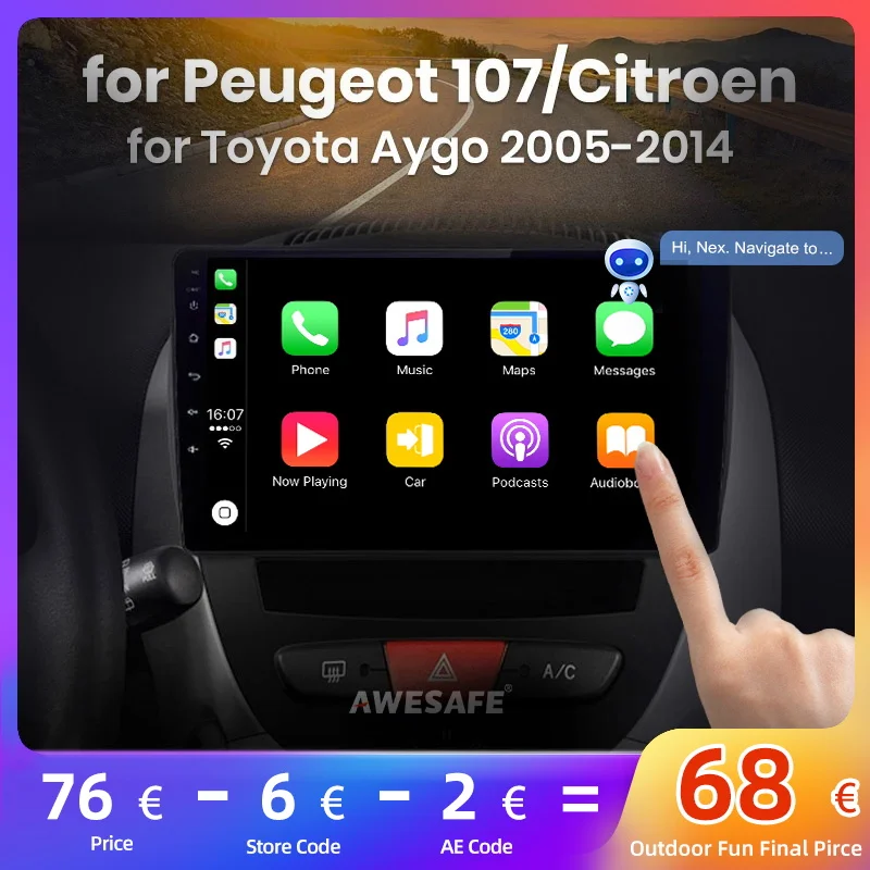 AWESAFE Autoradio Voor Peugeot 107 Citroen C1 Toyota Aygo Carplay Auto ...