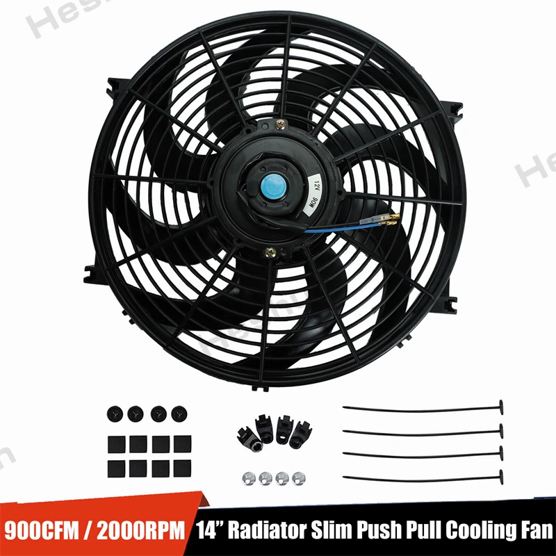 14" Inch Universal Slim Fan Push Pull Electric Radiator Cooling Fan 12V 80W Mount Kit 2400 RPM ...